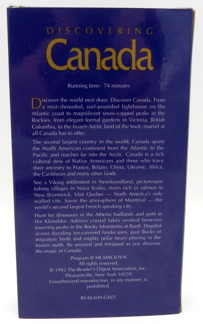 COMPLETE DISCOVERING CANADA VHS Documentary 1992 Reader's Digest $12.99 ...