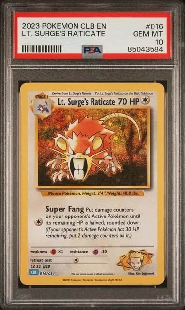 POKÉMON~LT.SURGE’S RATICATE~016/034~CLASSIC~CLB~ENG~PSA 10 EUR 20,50 - PicClick IT