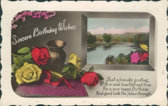 REAL PHOTO BIRTHDAY wishes floral inset river scene EUR 6,49 - PicClick IT
