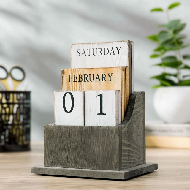 MYGIFT VINTAGE SOLID Wood Block Rustic Desktop Perpetual Calendar Desk ...