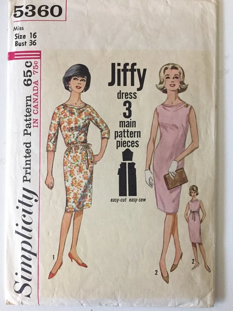 VINTAGE 1960S BOATNECK Dress Long Short Sleeve Simplicity #5360 Size 16 ...