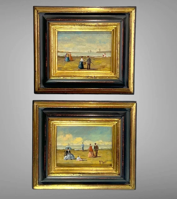 PAIRE DE TABLEAUX " Scène De Plage Animée " Huiles Signées Nelly Trumel ...