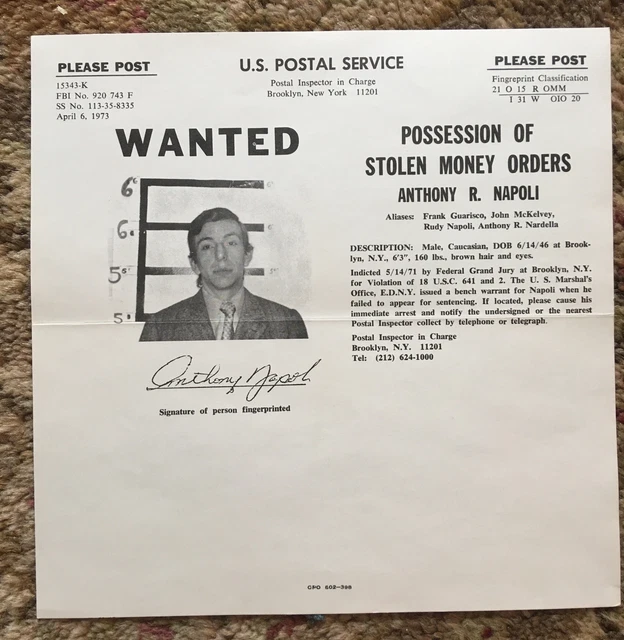 VINTAGE USPS WANTED Poster Anthony R Napoli Brooklyn NY Possession ...