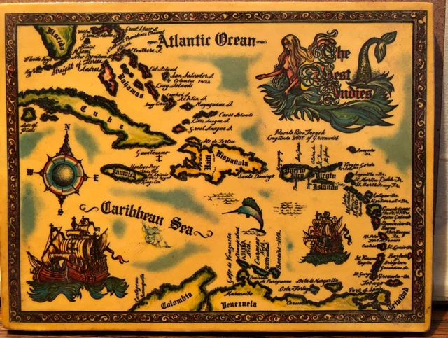 VINTAGE OLD WORLD Style Mermaid Map of The West Indies, Caribbean Sea ...