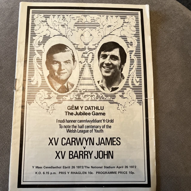 CARWYN JAMES V Barry John 15, 1972, Rugby Programme, National Stadium ...