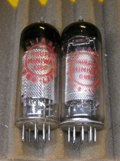 2 X E83F Philips Miniwatt - red print - long mesh plate - cup getter ...