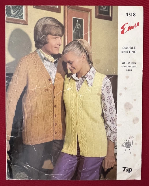 VINTAGE KNITTING PATTERN - Emu 4518 - His Hers Cardigan Waistcoat - 34 ...