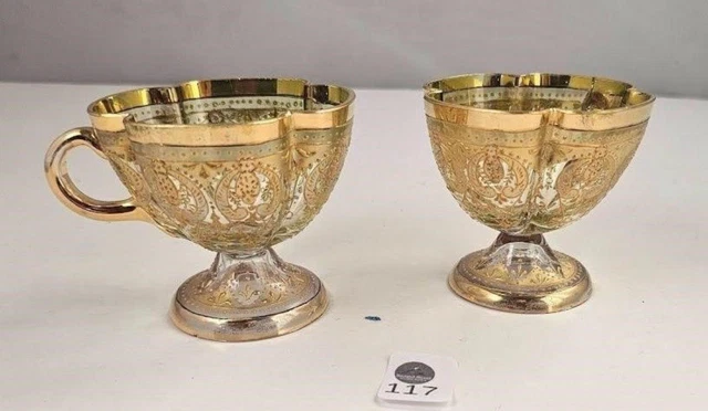 2 ANTIQUE MOSER Bohemian Glass Quatrefoil Cups, Footed Gilded Gold 19th ...
