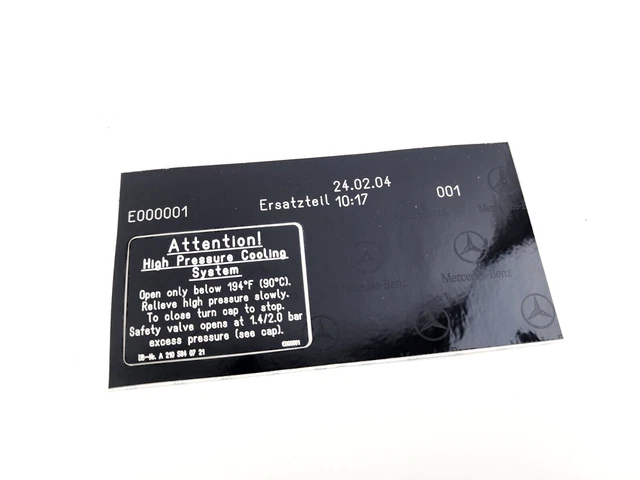GENUINE MERCEDES HIGH Press Cooling System Sticker Label W210 129 202 ...