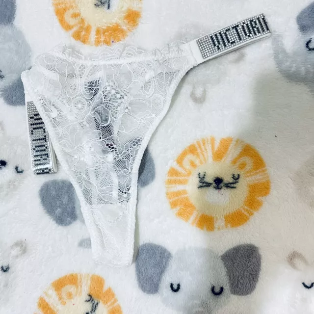Victorias Secret Shine Strap Lace Thong Panty Rhinestone White Color