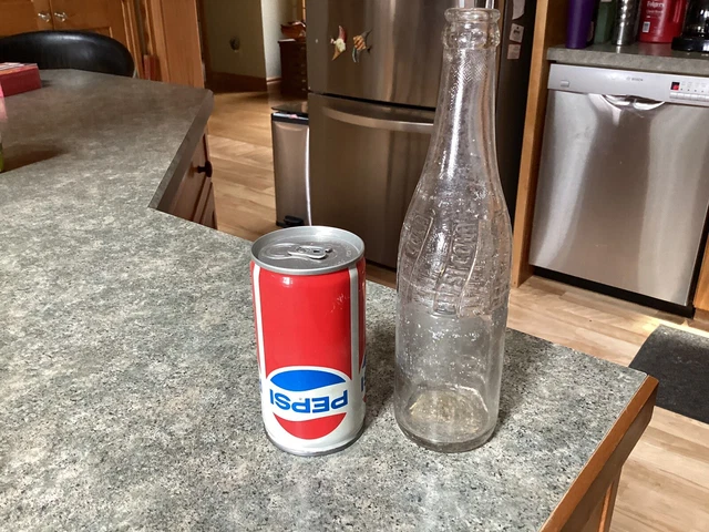 VINTAGE PEPSI POP Top Steel Can upside down Label + 1940s Pepsi Bottle ...