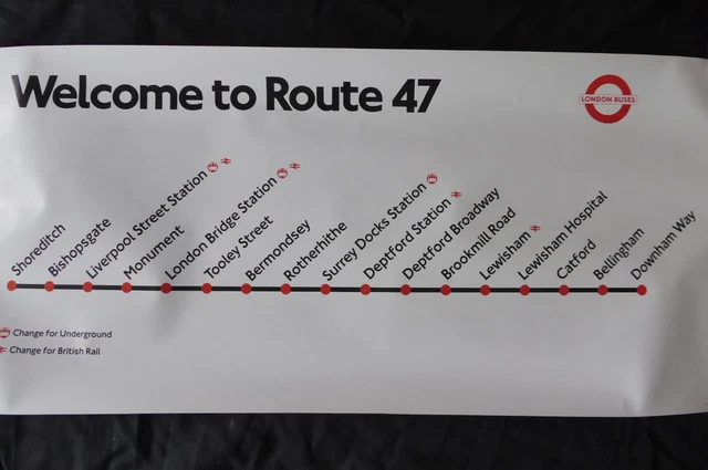 1988 LONDON TRANSPORT ROUTEMASTER INTERIOR BUS MAP ROUTE 47 Shoreditch ...