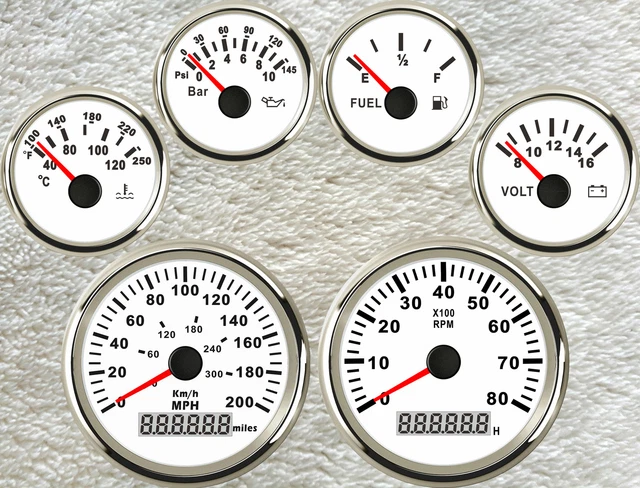 6 GAUGE SET With Senders 200mph 300kph Speedo Tacho Fuel Temp Volts Oil ...