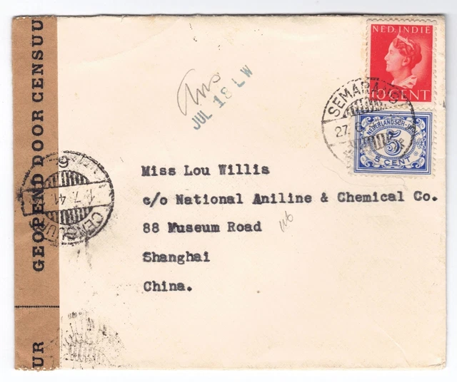 NETHERLANDS INDIES 1941 Censored cover SEMARANG to Shanghai China $10. ...