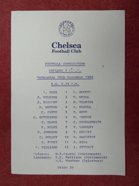 CHELSEA V QPR | 1980/1981 | RESERVES | 10 DEC 1980 | UK FREEPOST £13.00 ...