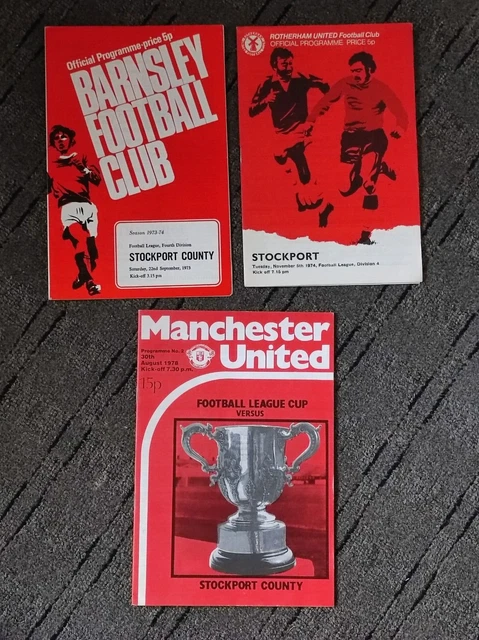 3 STOCKPORT COUNTY AWAY PROGRAMMES 1970s. BARNSLEY. ROTHERHAM ...