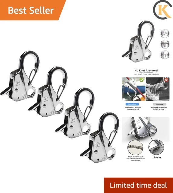 4-PACK STAINLESS STEEL Boat Fender Clips - Easy One-Hand Operation for ...