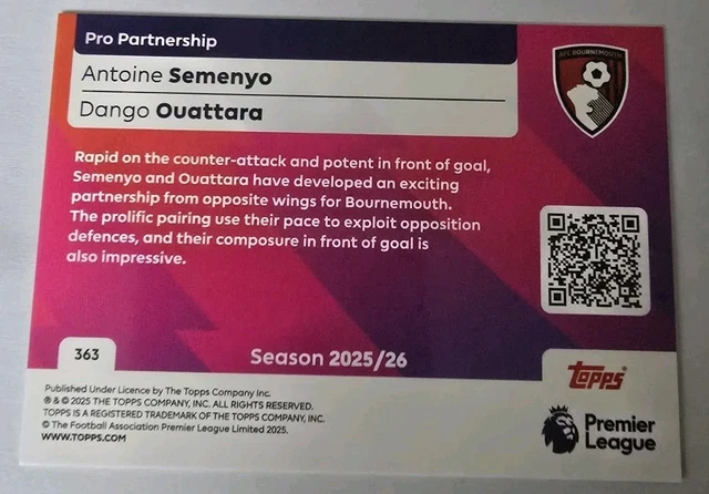 TOPPS PREMIER LEAGUE 2026 PRO PARTNERSHIP SEMENYO/OUATTARA Card 363 ...