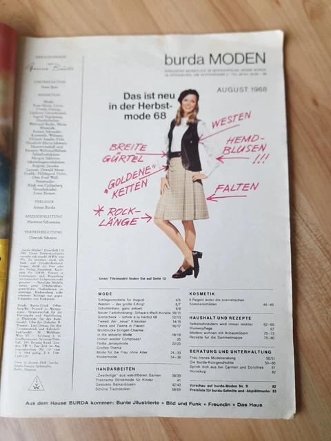 BURDA MODEN 60ER-JAHRE 8 August 1968 inkl. Anleitung und Schnittbögen ...