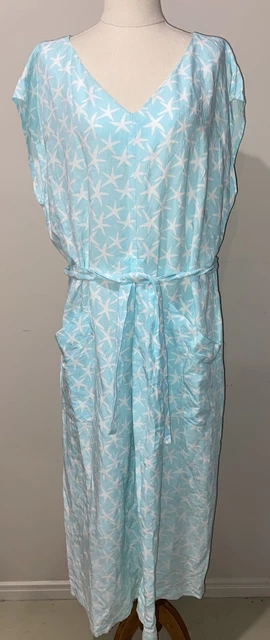SACHA DRAKE BLUE White Linen Blend star midi Dress Size 18 Pockets $39. ...