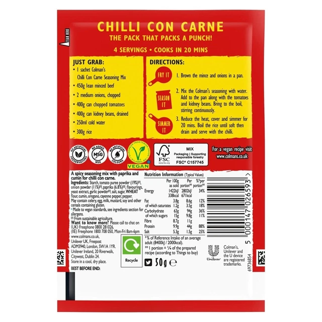 COLMAN'S CHILLI CON Carne Recipe Packet Mix Sachet 50g PACK OF 2 $8.23 ...