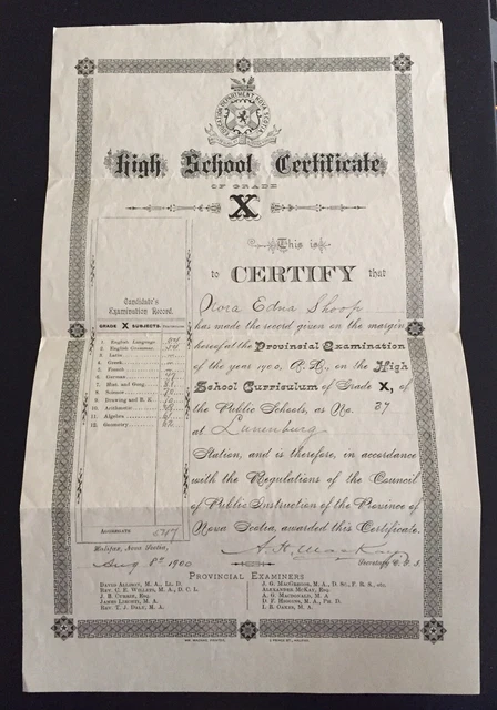GRADE 10 HIGH School Certificate Dated 1900 Lunenburg Nova Scotia ...