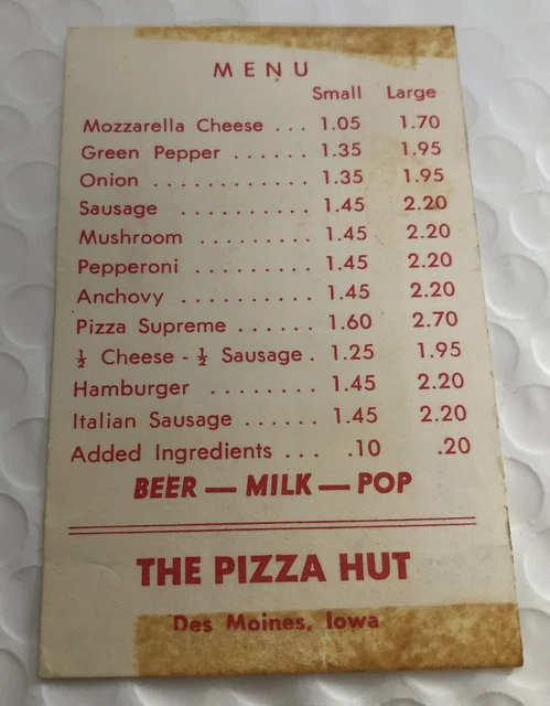 VINTAGE SMALL PIZZA Hut Menu Card 1960s Des Moines Iowa IA Restaurant £ ...