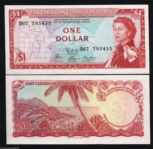 EAST CARIBBEAN STATES 1 Dollar P-13 F 1965 Queen Map Ship Fish Unc ...