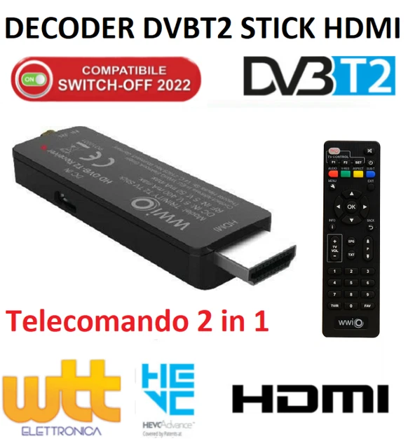 DECODER DIGITALE TERRESTRE DVB-T2 Stick Full HD HDMI Ricevitore HEVC ...