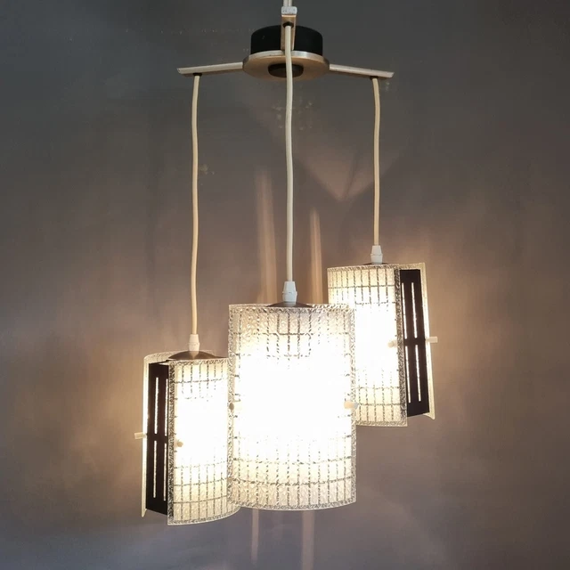 VINTAGE TRIPLE PENDANT Light Fitting Brutalist Mid Century Lamp Czech ...