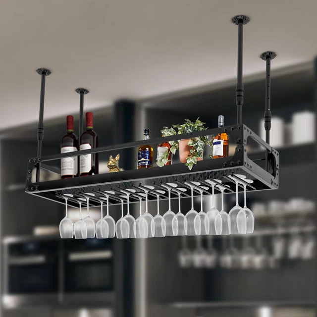 INDUSTRIAL VINTAGE BAR Floating Shelf Black Ceiling Mounted Wine Bottle ...