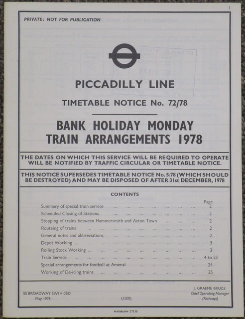 VINTAGE LONDON UNDERGROUND Piccadilly Line working timetable: bank ...