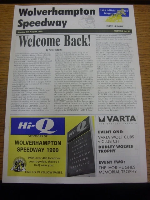 09/08/1999 SPEEDWAY PROGRAMME: Wolverhampton v Cradley Heath (results noted, fo £4.99 - PicClick UK