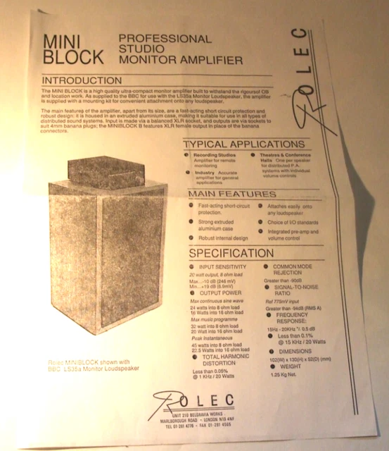 VINTAGE ROLEC MINIBLOCK Studio Monitor Amplifier Specifications sheet £ ...