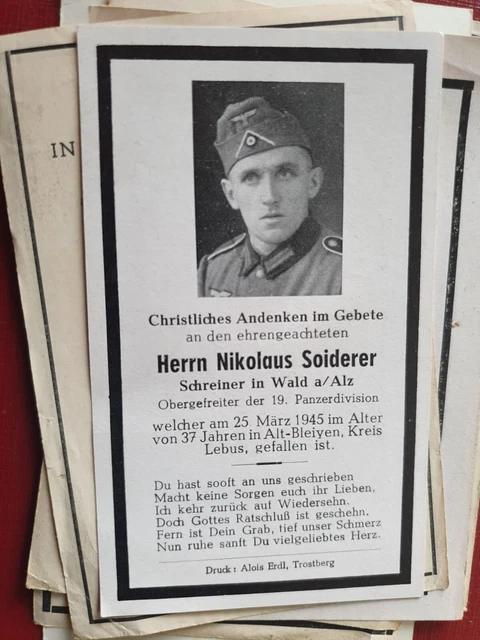 ORIGINAL GERMAN WW2 death Card NIKOLAUS SOIDERER panzer Dvsn 25mar1945 ...