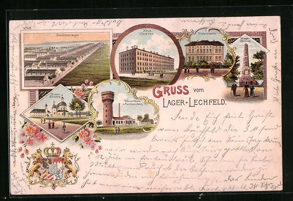 LITHOGRAPHIE LAGER-LECHFELD, ORTSANSICHT mit Barackenlager und Neuer ...
