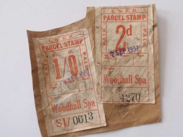 RAILWAY PARCEL STAMPS, Woodhall Spa, LNER - 1/0d & 2d, Sept 7th 1937 £ ...