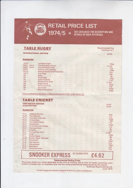 SUBBUTEO RETAIL PRICE LIST football table soccer 1974/5 £15.62 ...