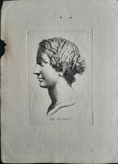 GRAVURE FIGURANT PORTRAIT de profil d'une tête antique inconnue Burin ...