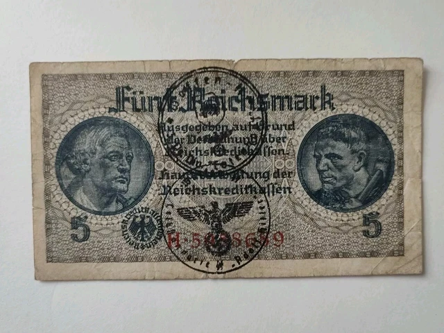 RARE BANKNOTE, GERMANY 5 Reichsmark , WWII Hand Stamped £29.00 ...