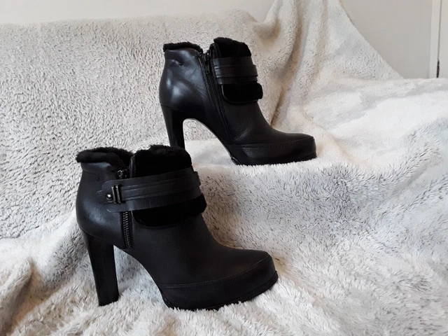 M&S AUTOGRAPH LADIES Black Leather Ankle Boots Faux Fur Cuff High Heel ...