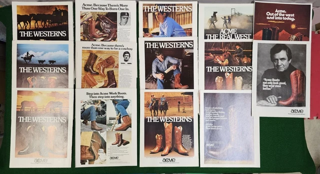 VINTAGE ACME BOOT Magazine Ads Cowboy Western Lot of 31 ads 1970's 1980 ...