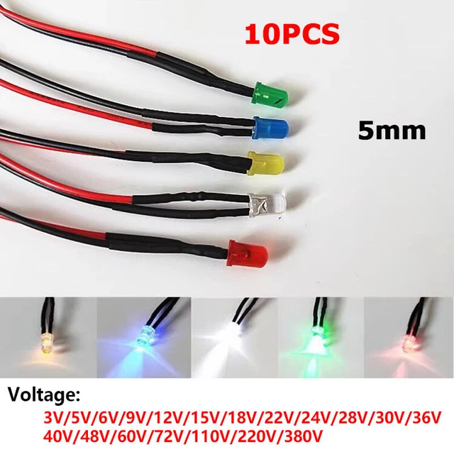 10 PCS 5MM Pre-Wired LED Lamp 3V 6V 12V 36V 110V-380V Light Emitting ...