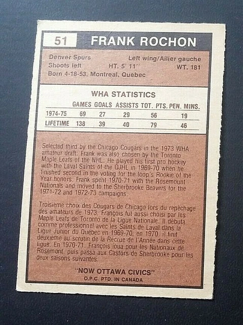 1975/76 OPC WHA #51 Frank Rochon Rc. $2.79 - PicClick CA