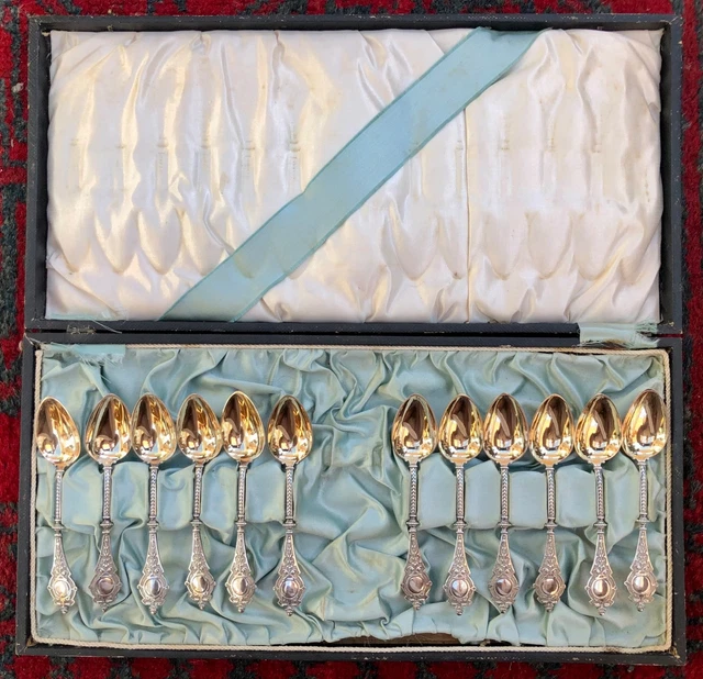 SET OF 12 solid silver and gold plated tea spoons 19th century German ...