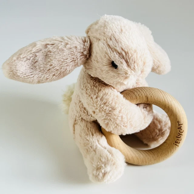 JELLYCAT BASHFUL SHOOSHU Bunny Rabbit Beige Wooden Ring Rattle Plush Comforter £14.95 - PicClick UK