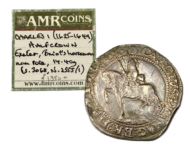 RARE 1643 CHARLES I silver EXETER HALFCROWN Briots Horseman ROSE mint ...
