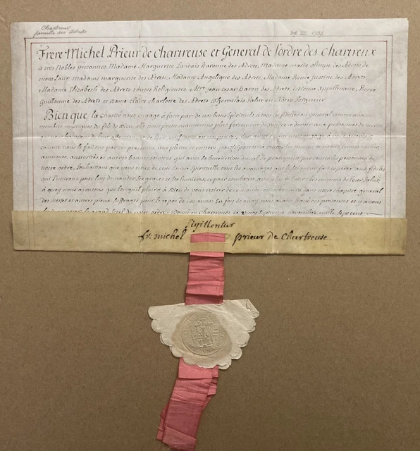 RARE ACTE DOCUMENT Certificat Ordre des Chartreux 1737 sceau famille ...