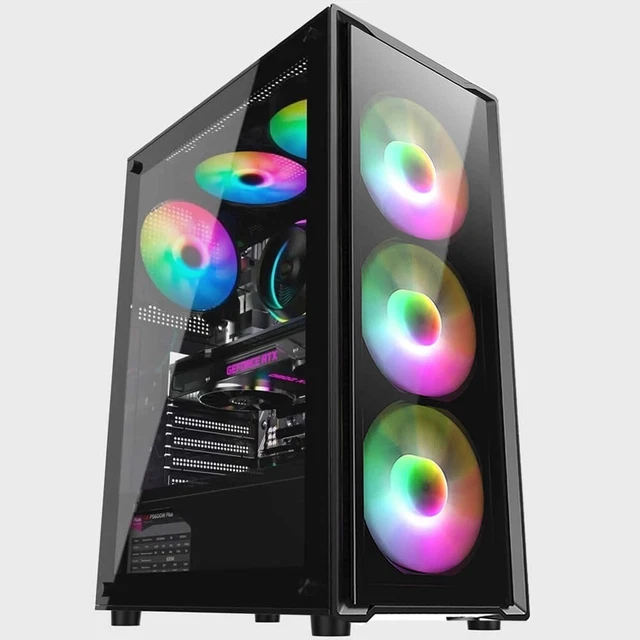 GAMING PC CASE 6 x ARGB LED Fans ATX Mid Tower Full Tempered Glass ...