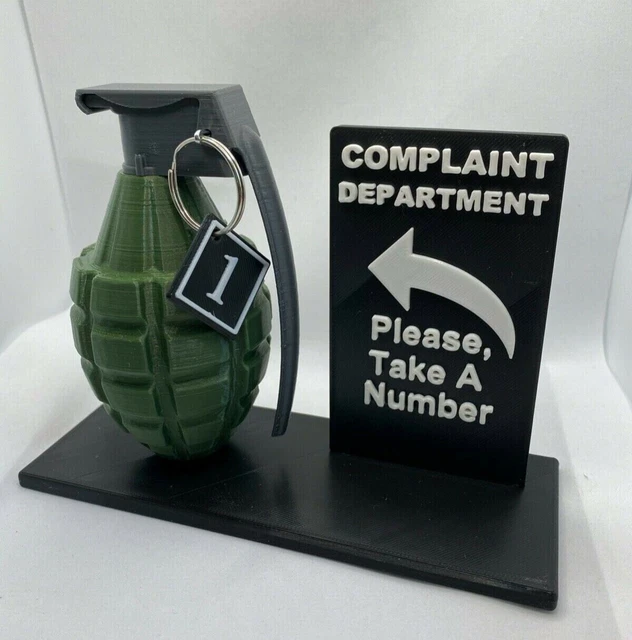 GRENADE COMPLAINT DEPARTMENT Desk sign Office humor Meme 3D Printed ...